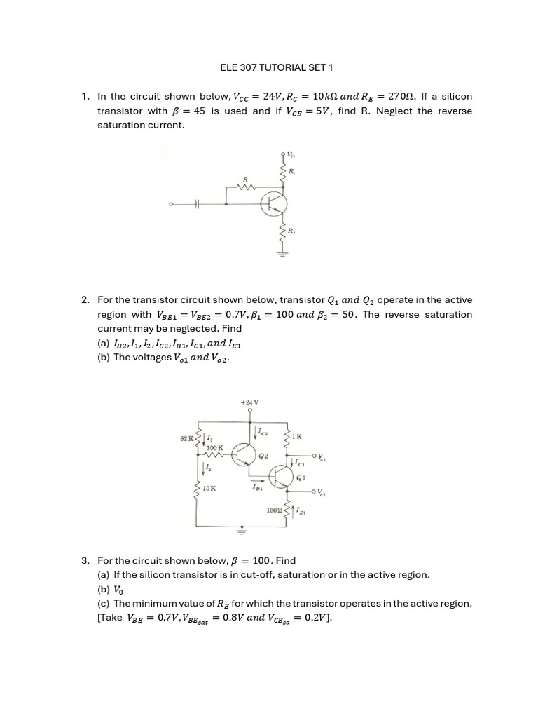 Ele 307 Tutorial 1 | PDF | Transistor | Electrical Network