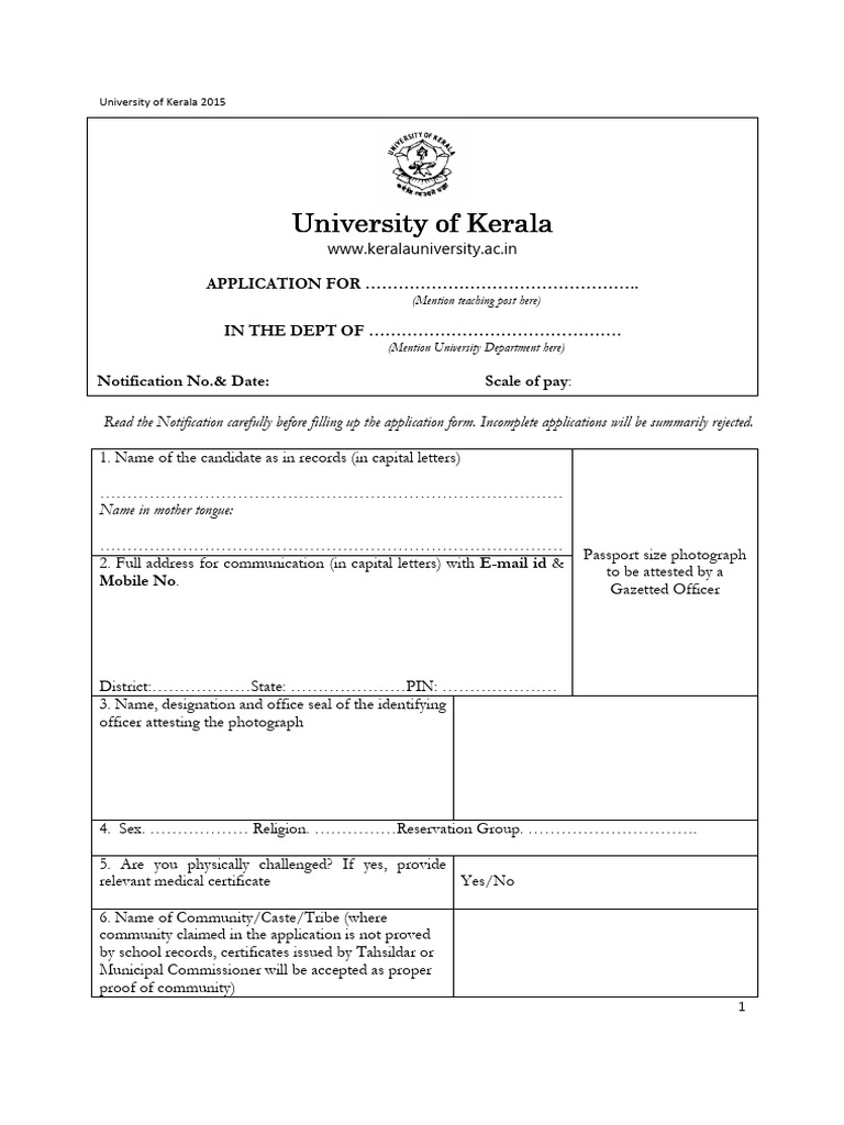 Kerala University Application Form 2015 | PDF