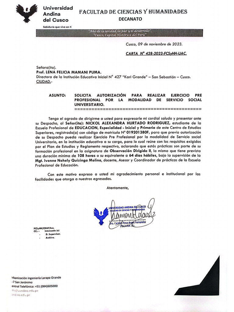 Carta 428 - Nickol A. Hurtado Rodriguez - Obs. Dir. II. | PDF