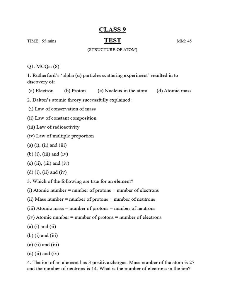 Class 9 Science Test 5 | PDF | Atoms | Proton