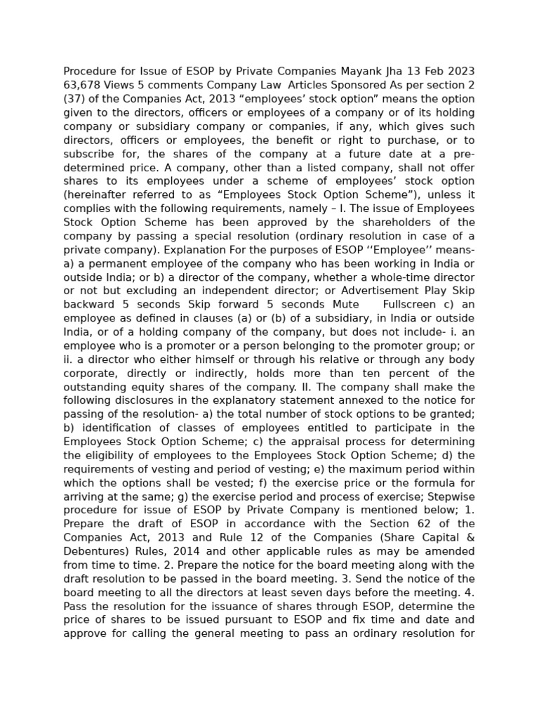 ESOP Issuance Procedure for Private Firms | PDF | Stocks | Employee ...