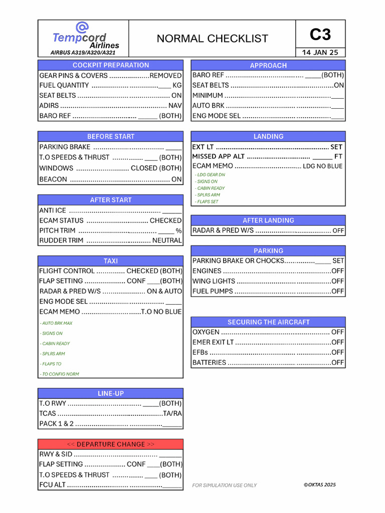 A320 Normal Procedure TEMPCORD Checklist | PDF