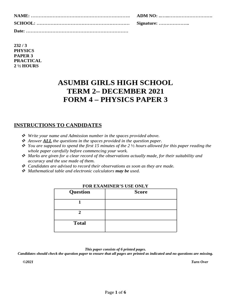 Physics Paper 3 Practicals QS | PDF | Mirror | Pendulum