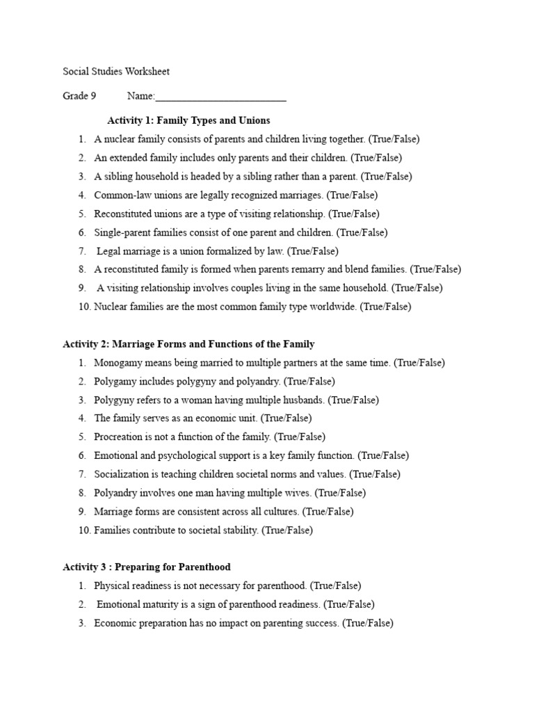 Grade 9 Social Studies Family Types Worksheet | PDF | Family | Marriage