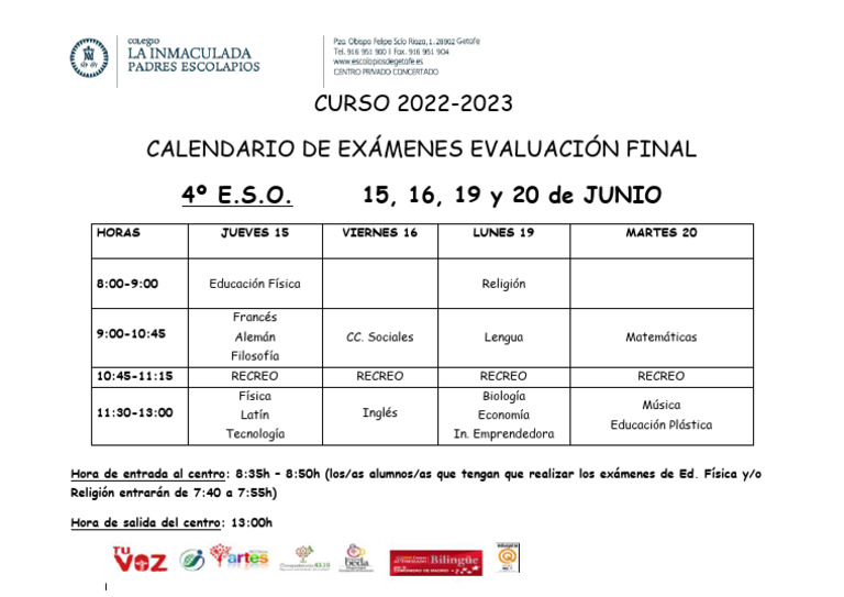 Exámenes Finales 4º ESO Junio 2023 | PDF