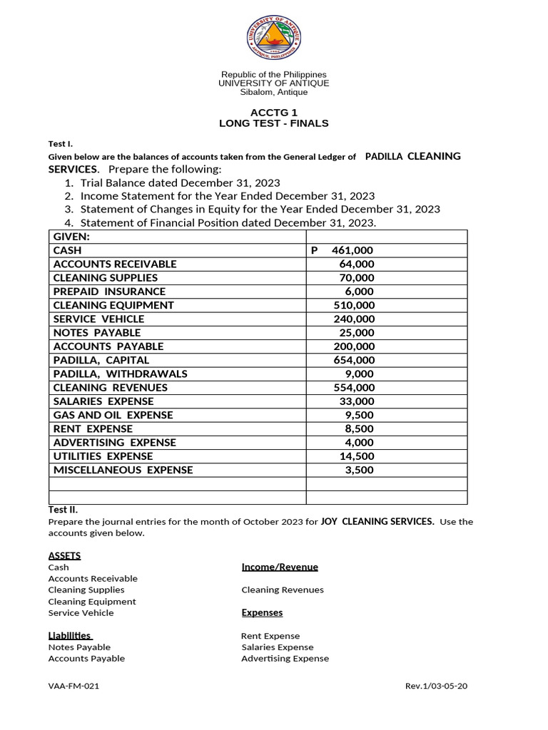 Acctg 1 Last Assign Finals First Sem 2024 25 | PDF | Expense | Balance Sheet
