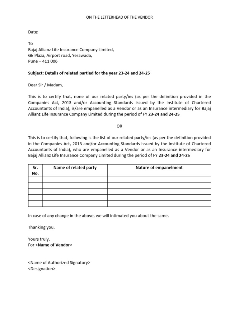 Related Parties Certification for Bajaj Allianz | PDF