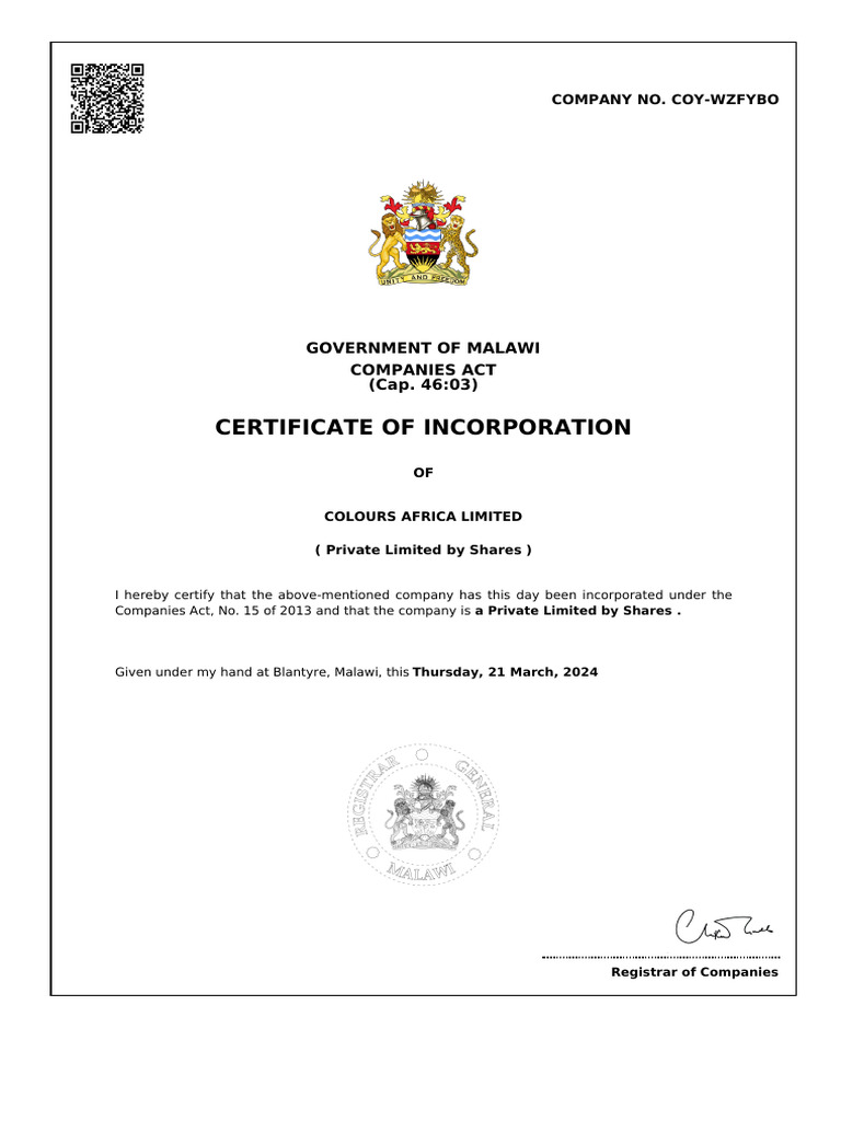 Malawi Certificate of Incorporation | PDF