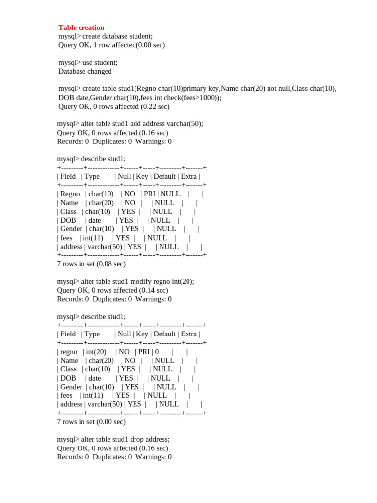 Table creation | PDF | Table (Database) | Computer Programming Table creation | PDF | Table (Database) | Computer Programming