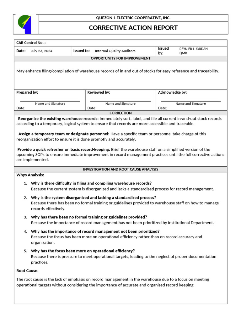 17-FM-RAI-10-Corrective-Action-Report - REYNIER JORDAN | PDF | Audit ...