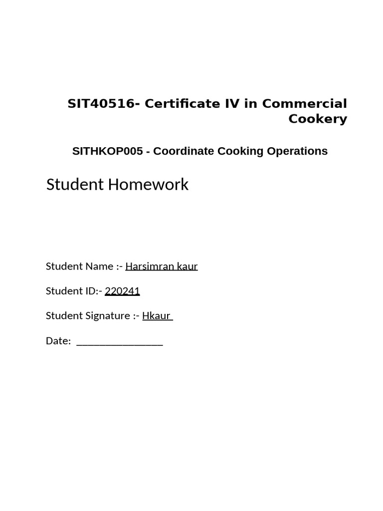 SITHKOP005 - Coordinate Cooking Operations Student Homework | PDF ...