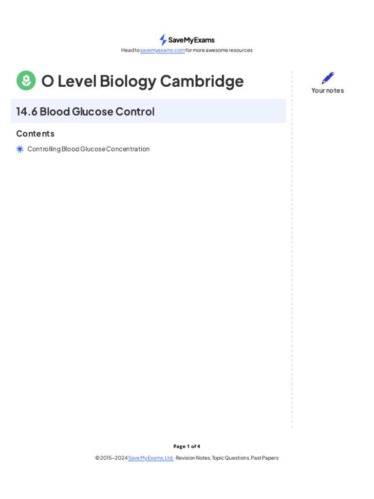Blood Glucose Control in O Level Biology | PDF | Glucose | Glycogen