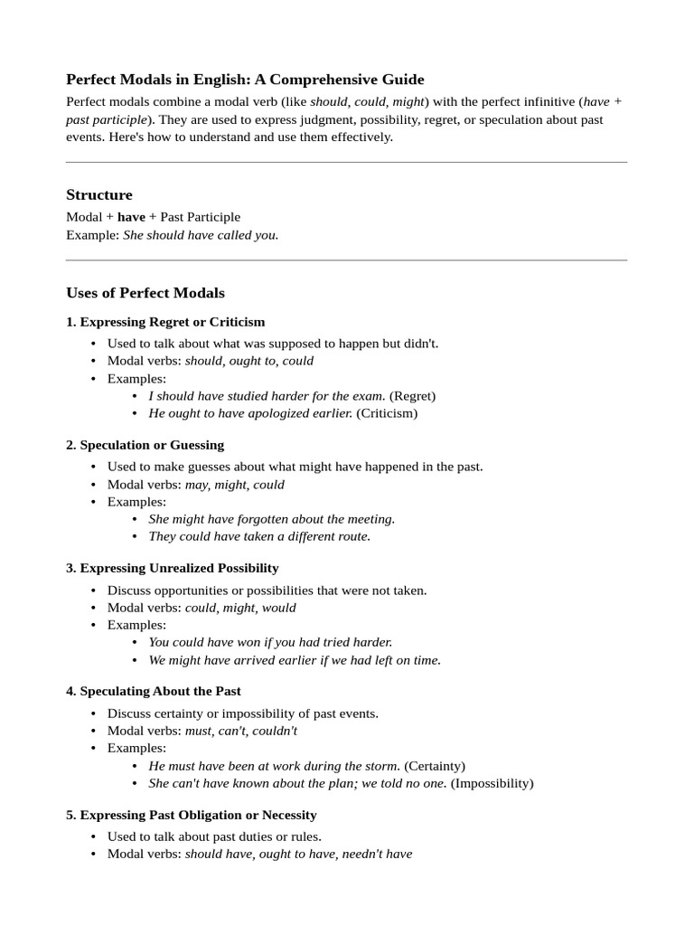 Perfect Modals (Past Form of Modal Verbs) | PDF | Verb | Perfect (Grammar)