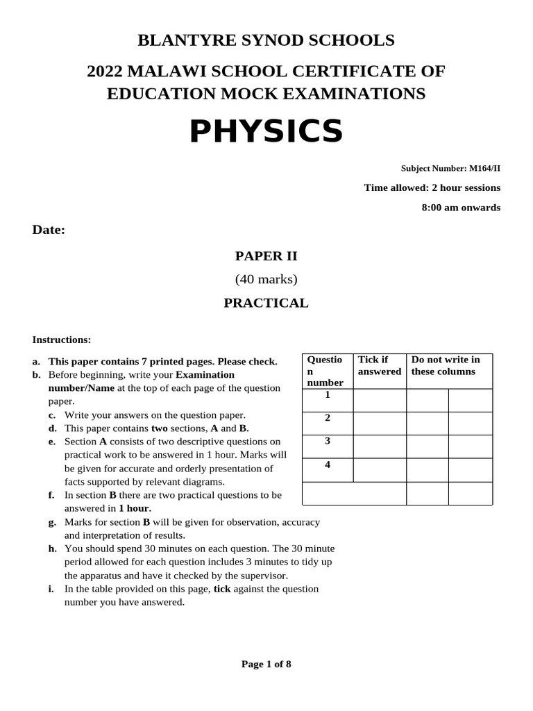 2022 PHYSICS P2 MOCK BT SYNOD | PDF | Experiment