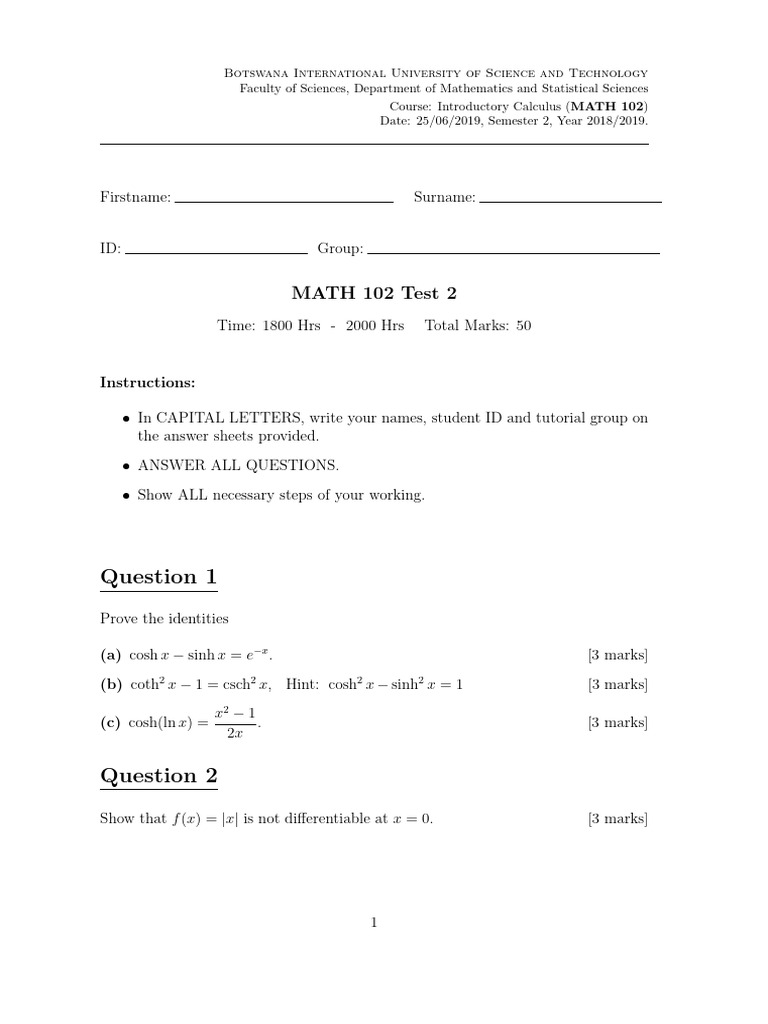 MATH 102 Test 2 Version 2 | PDF | Tangent | Differential Geometry