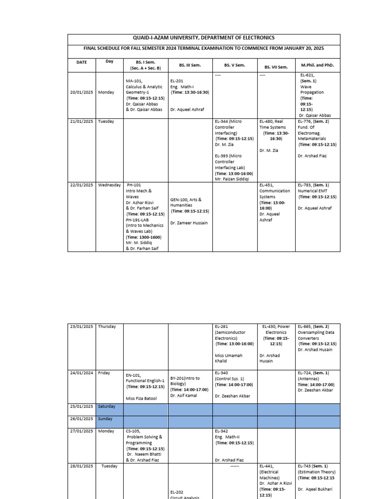 Fall 2024 Exam Schedule - QAU Electronics | PDF | Electricity ...