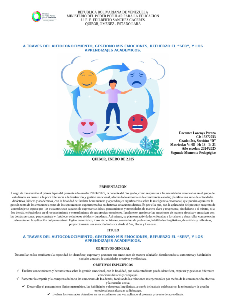 Proyecto Del Segundo Lapso 5to Grado Edilberto | PDF | Las emociones | Aprendizaje