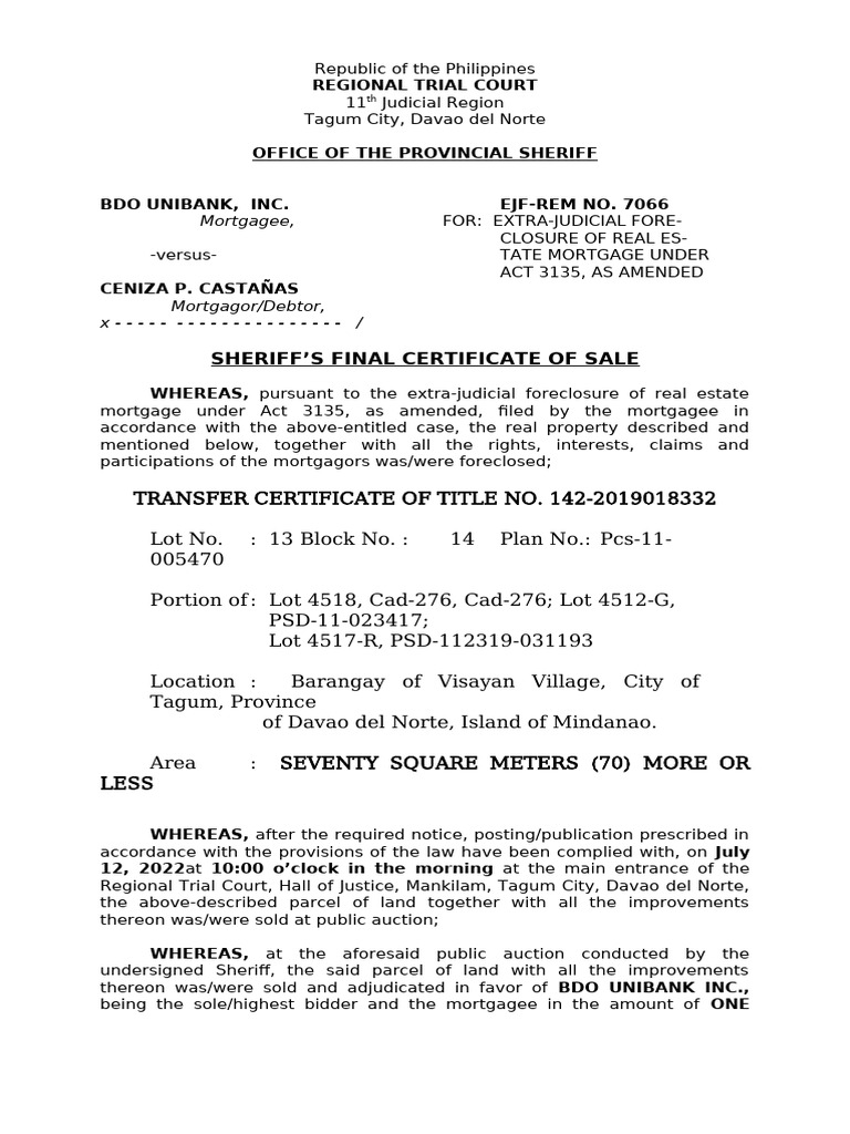 Final Certificate With Ejf No. 7066 | PDF | Mortgage Law | Foreclosure