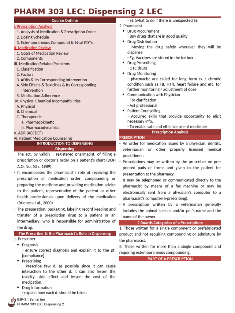 PHARM 303 LEC Dispencing 2 Lecture | PDF | Medical Prescription | Pharmacy