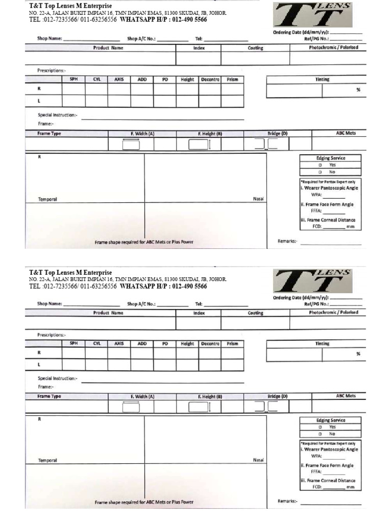 T&T RX Lens Order Form | PDF