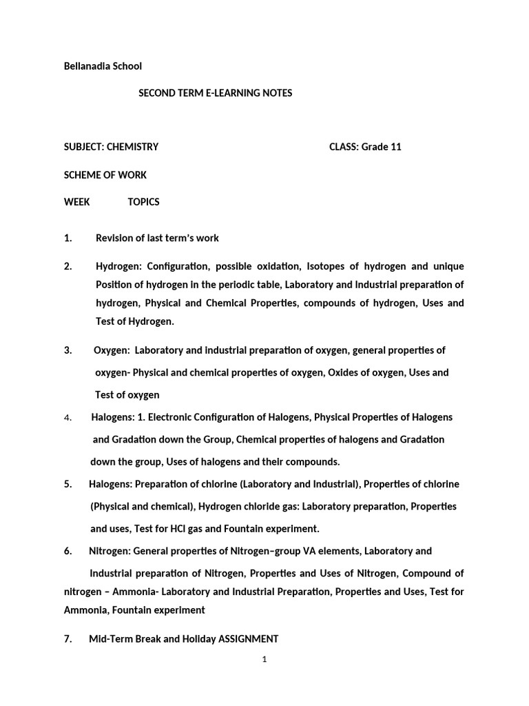 Grade 11 2nd Term Chemistry E-Note | PDF | Chlorine | Hydrogen