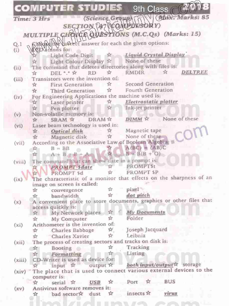Past Papers 2018 Karachi Board 9th Class Computer Studies English ...