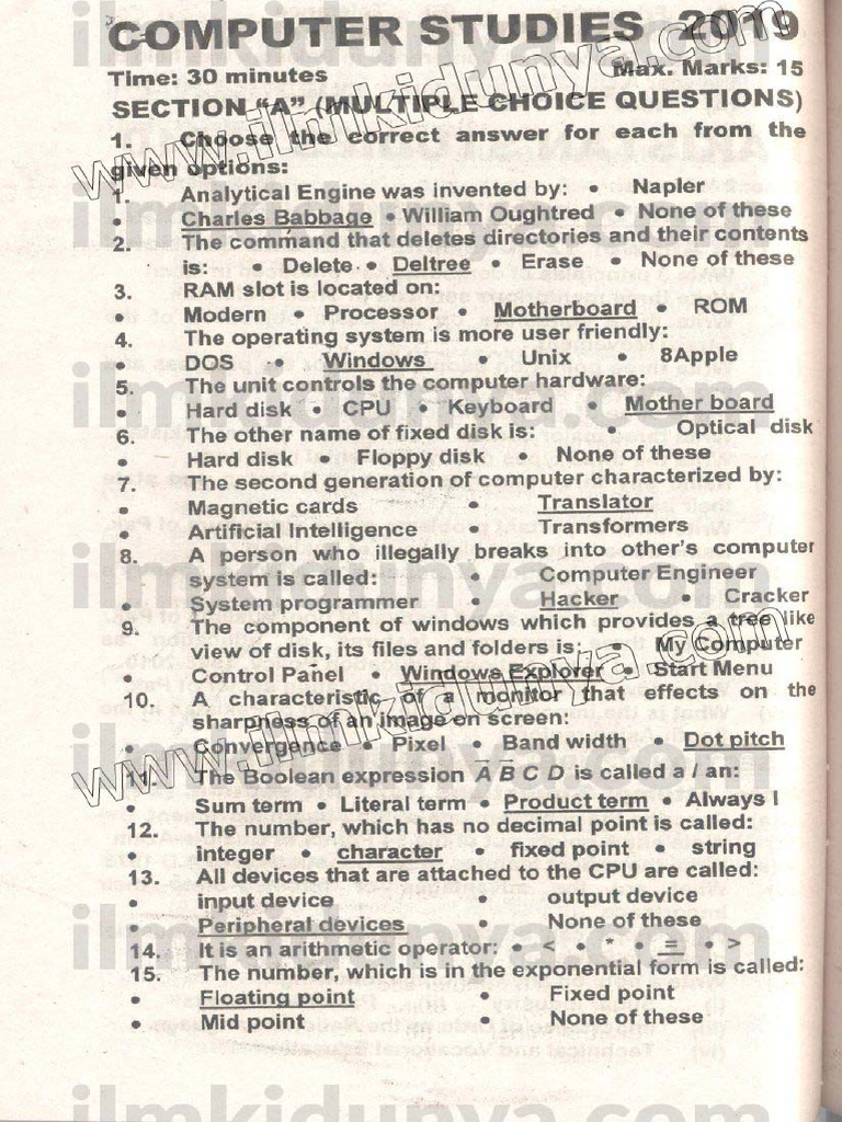 Past Papers 2019 Karachi Board 9th Class Computer Studies Objective ...