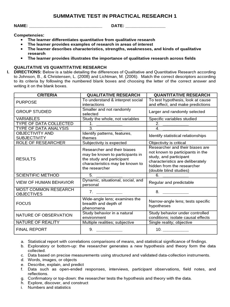 Qualitative vs Quantitative Research Test | PDF | Quantitative Research ...