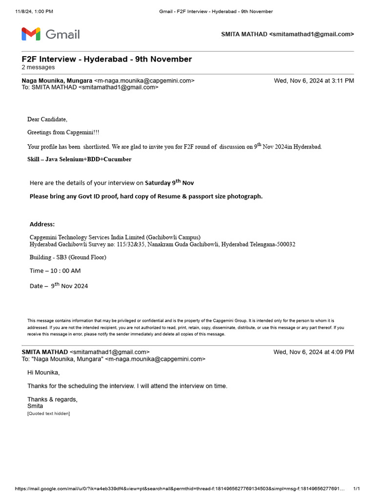Gmail - F2F Interview - Hyderabad - 9th November | PDF