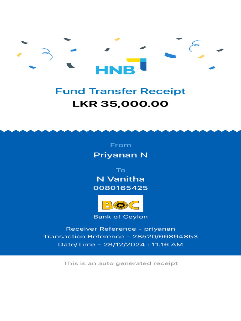 HNB Transfer Receipt 28 12 2024 11 16 AM | PDF
