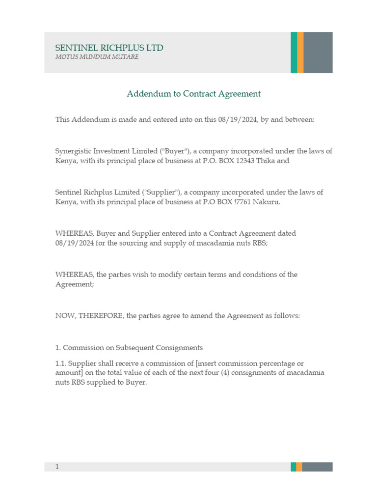 Addendum To Contract Agreement Between Sentinel Rich Plus Limited and ...