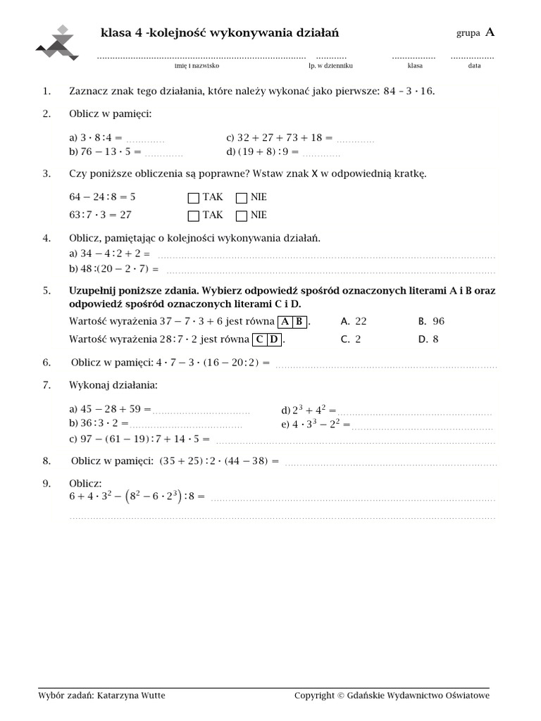 ćwiczenia Kolejność Wykonywania Działań Klasa 4 Pdf