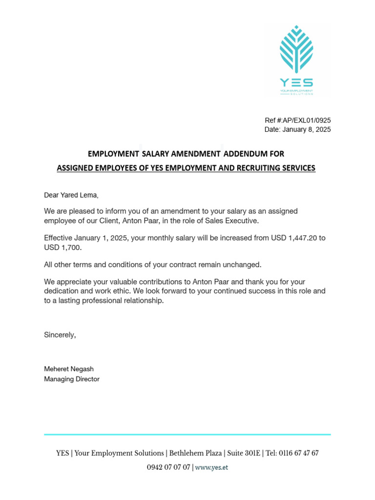 Anton Paar Salary Amendement Letter Yared Lema 1-8-25 Docx 1 1 | PDF