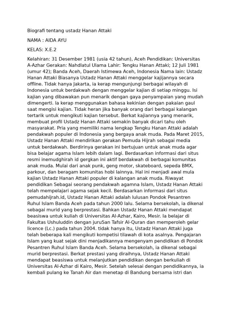 Biografi Ustadz Hanan Attaki Lengkap | PDF