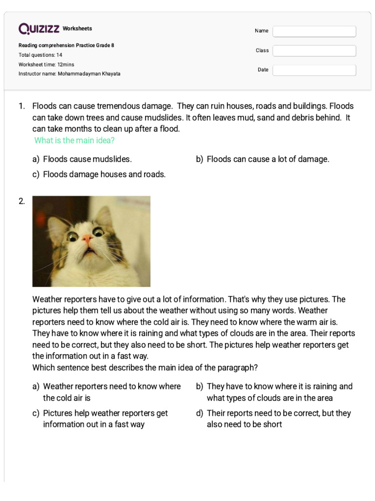 Reading comprehension Practice Grade 8 _ Quizizz | PDF