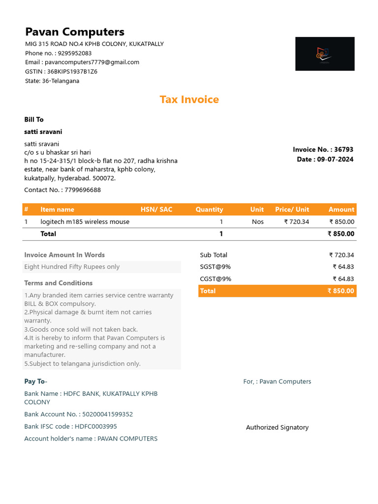 Tax Invoice - 36793 - 09 - 07 - 24 | PDF