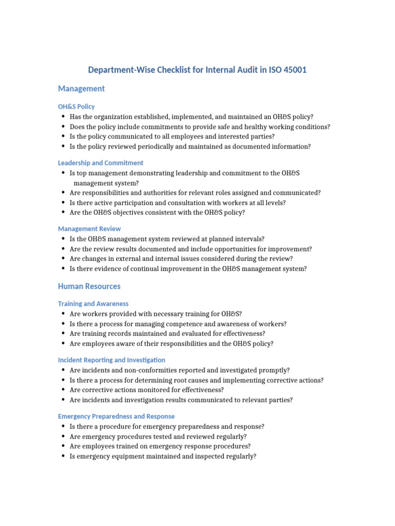 ISO 45001 Internal Audit Checklist | PDF | Safety | Business