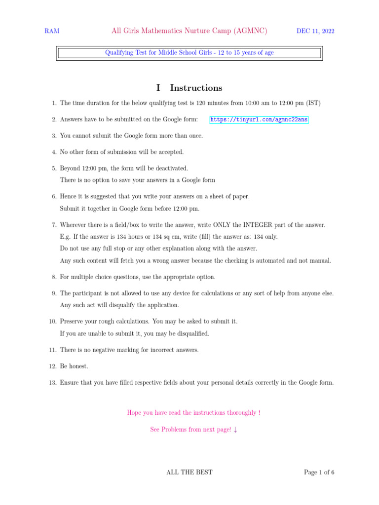 All Girls Mathematics Nurture Camp - Question Paper | PDF | Numbers | Area