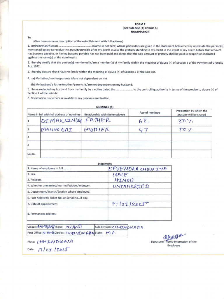 FORM F Nomination Form | PDF
