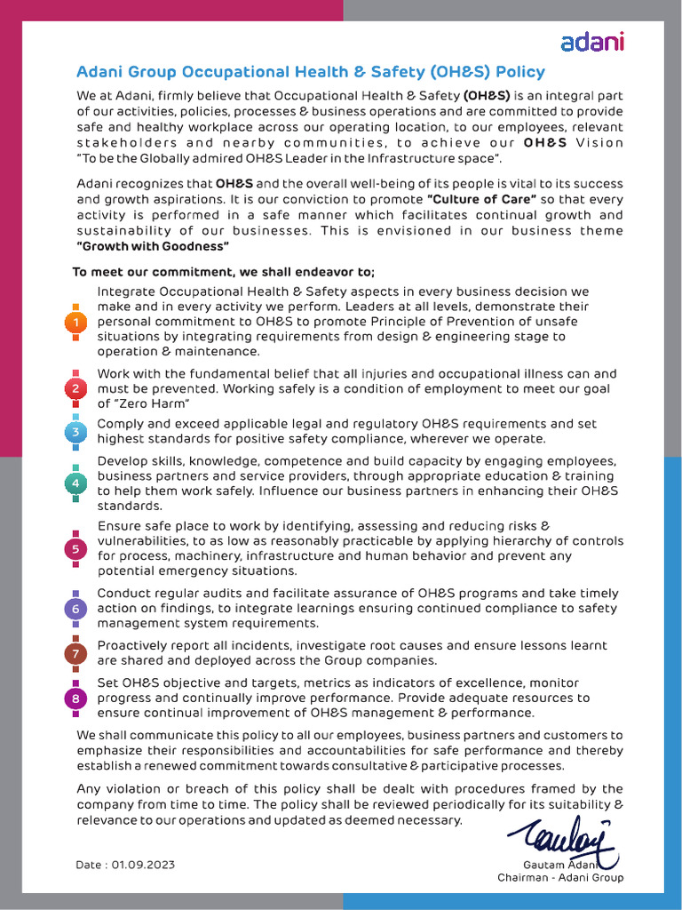 Adani Group Occupational Health Safety Policy | PDF
