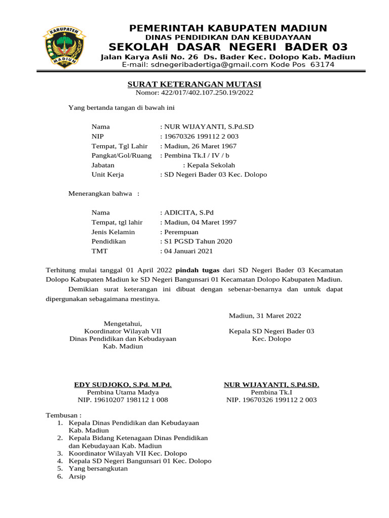Surat Keterangan Mutasi ADICITA | PDF