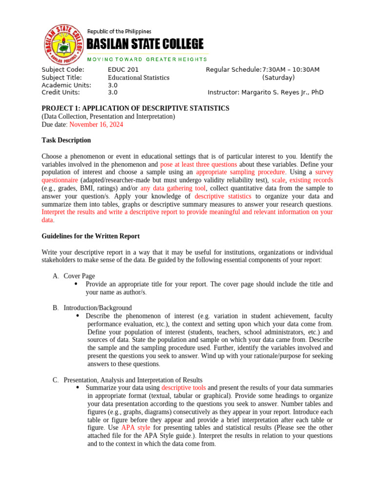 Educ 201 - Project Guidelines and Rubric | PDF | Statistics ...