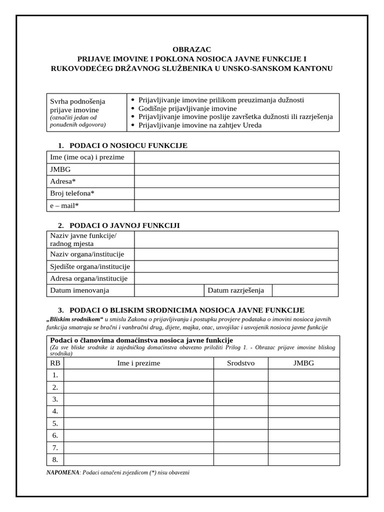 Obrazac Prijave Imovine Nosioca Javne Funkcije I Rukovodećeg Državnog Službenika | PDF