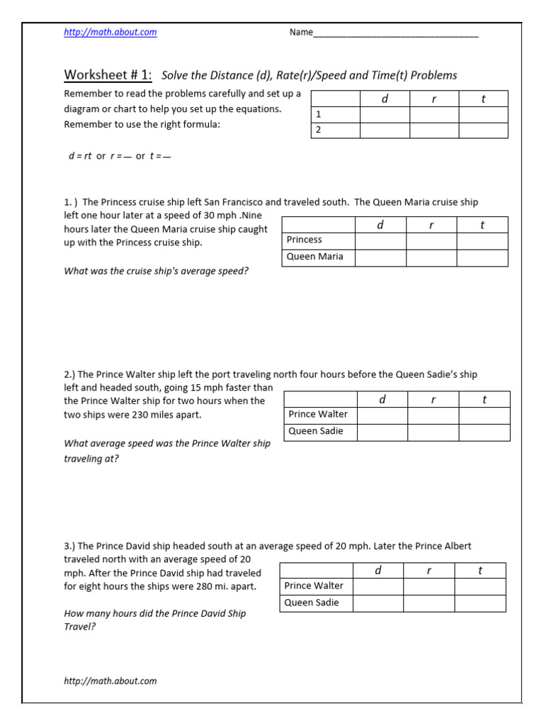 Distance Rate Time Worksheets 1 | PDF | Speed