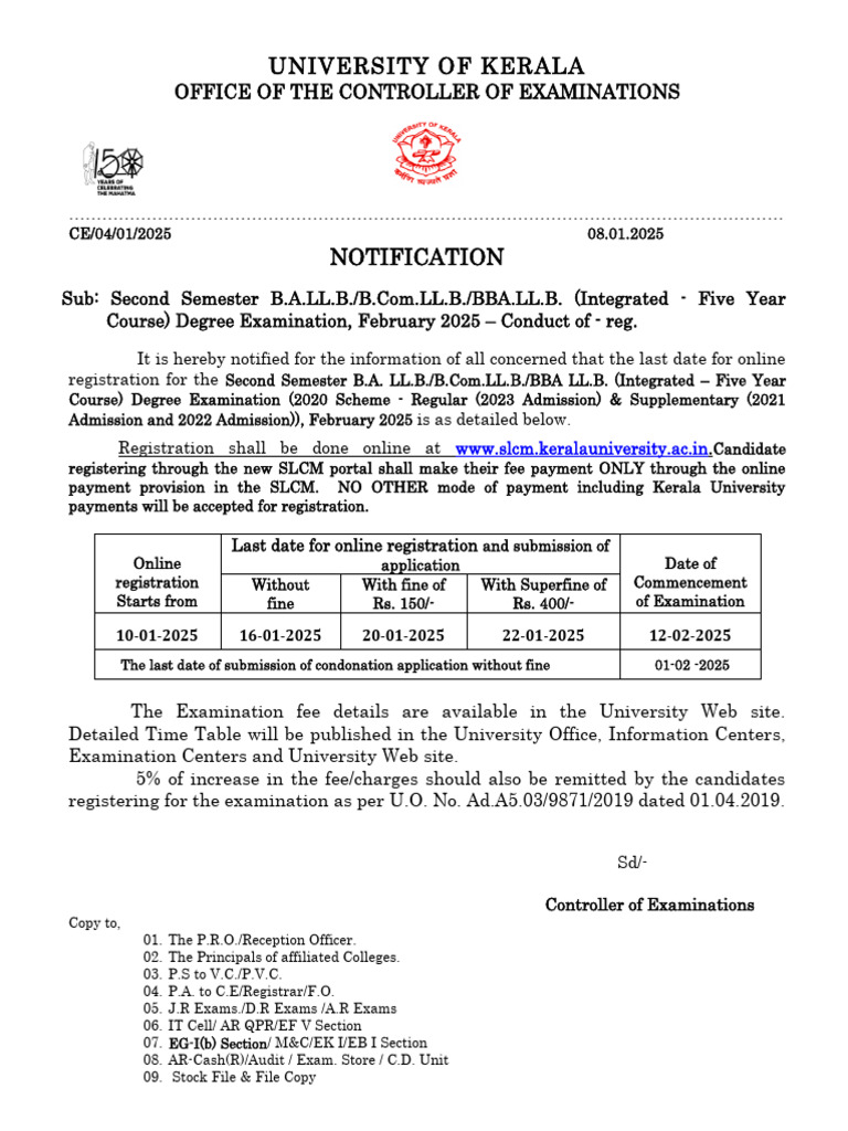 Kerala University B.A.LL.B. Exam Notice | PDF