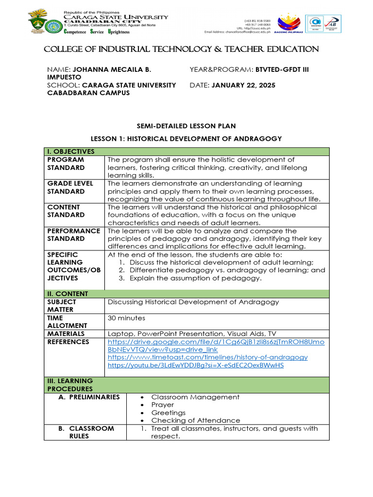 SEMI-DETAILED LESSON PLAN EDUC 13 | PDF | Pedagogy | Learning