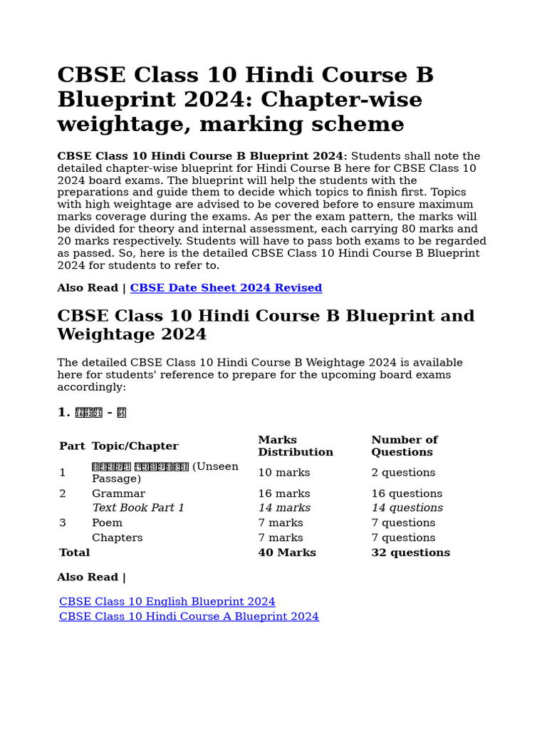 CBSE 10th Hindi Course B Weightage 2024 | PDF | Educational Assessment And Evaluation ...