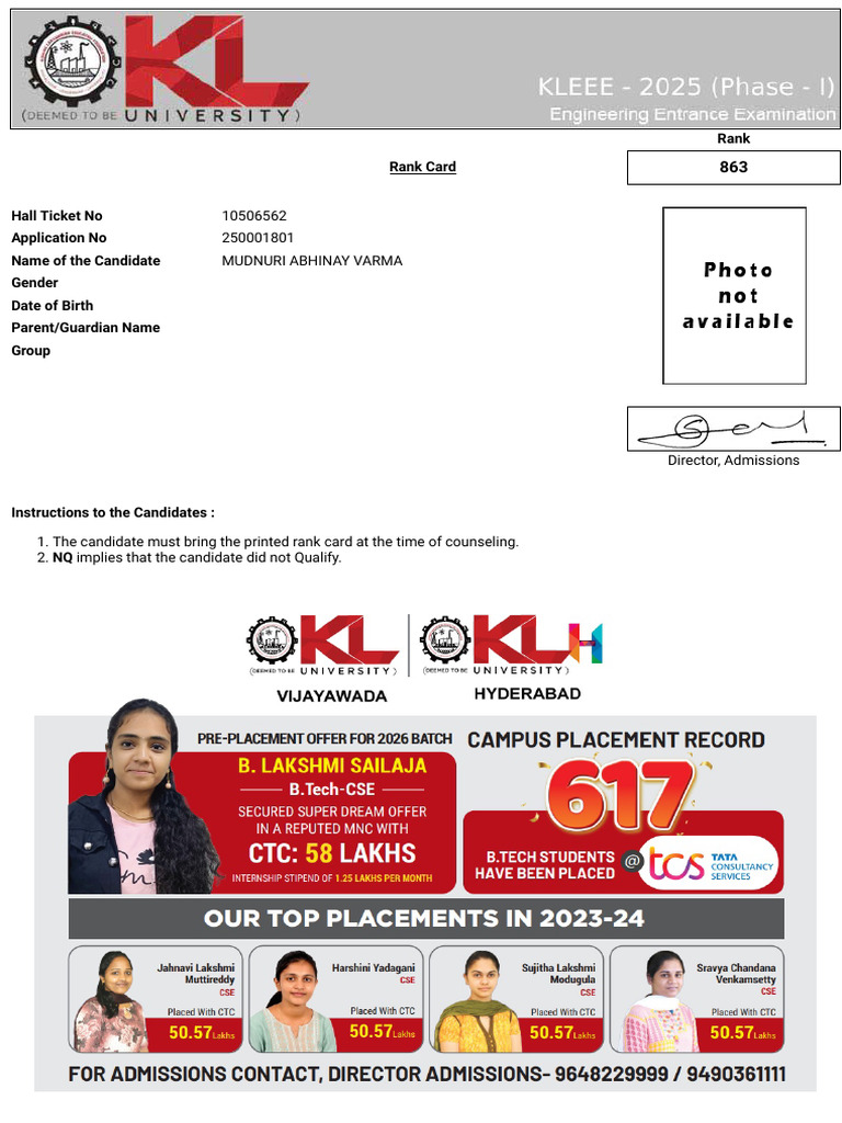 KLEEE 2025 Phase I Rank Card | PDF