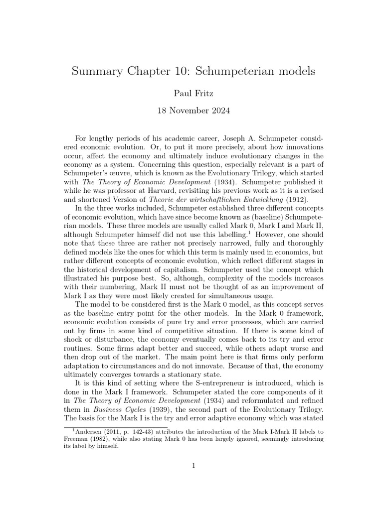Summary Schumpeterian Models | PDF | Innovation | Capitalism