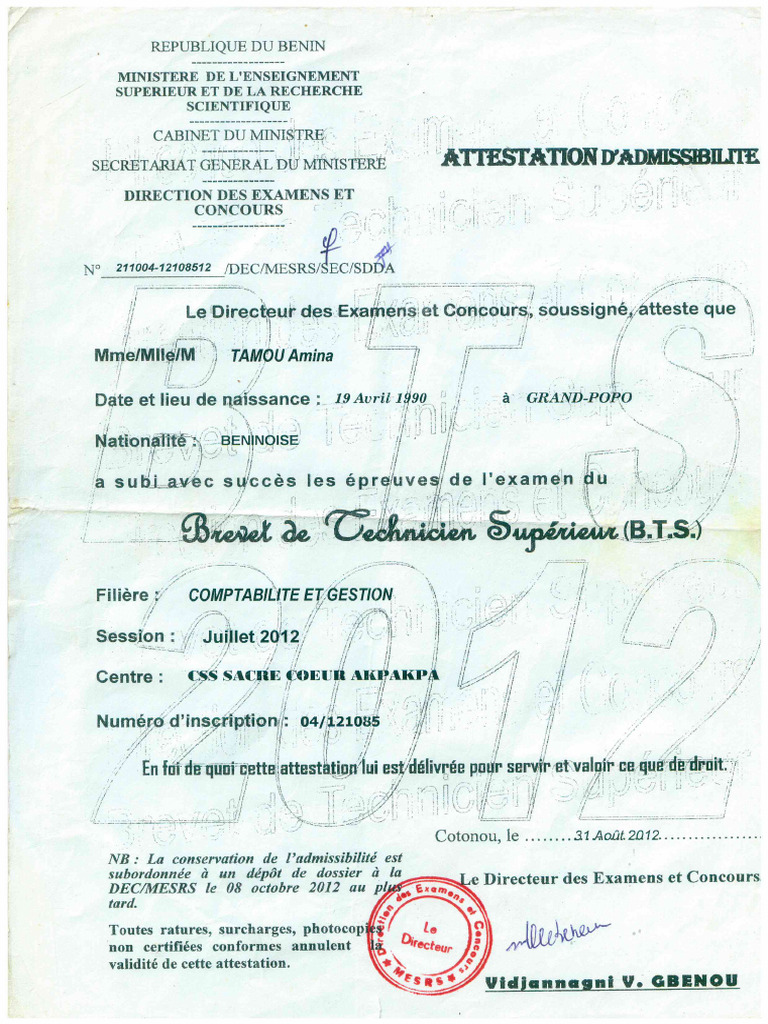 Attestation BTS | PDF
